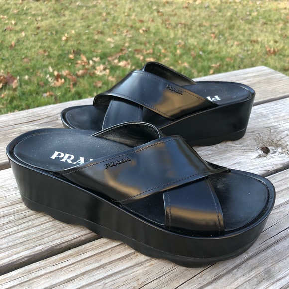 Prada | Shoes | Prada Black Leather Platform Slides Sandals 9s Grunge ...